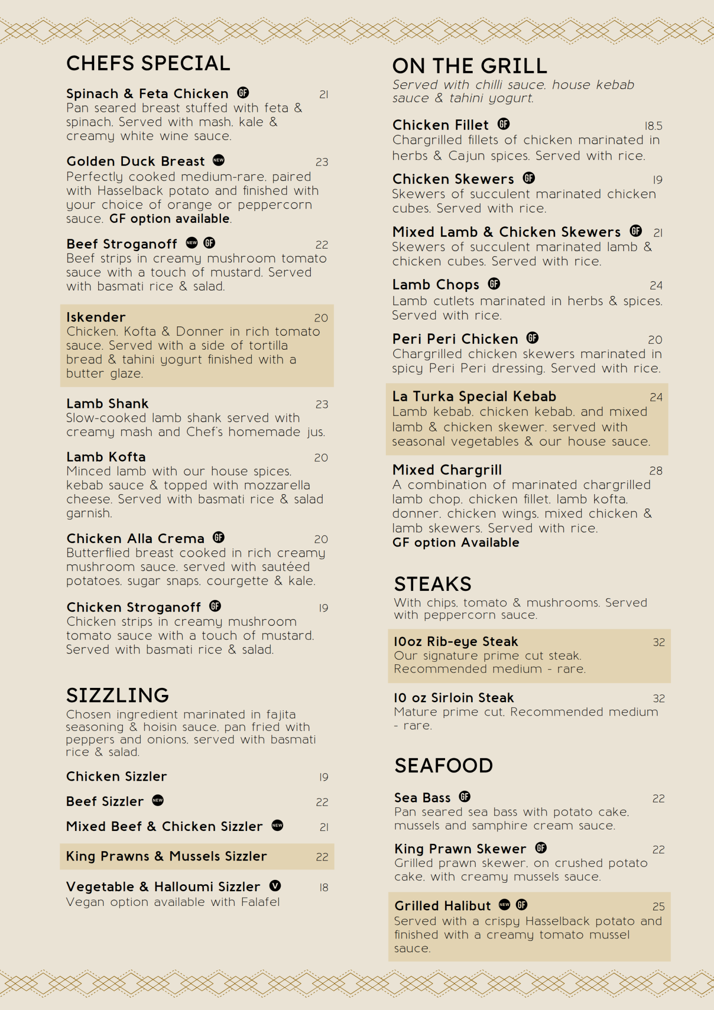 A La Carte Menu – La Turka Bistro