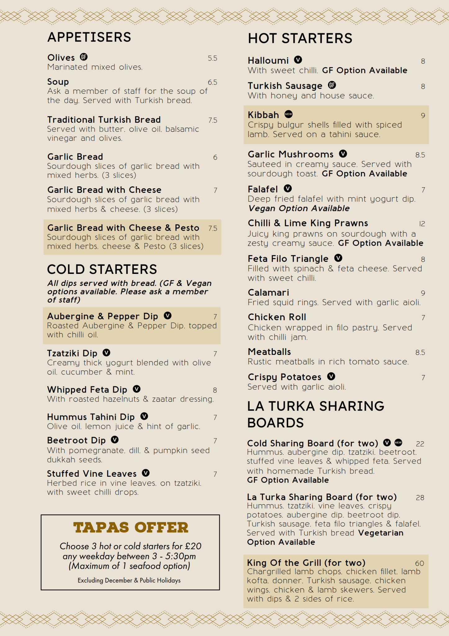 A La Carte Menu – La Turka Bistro